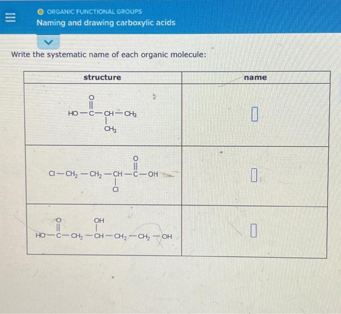 Solved = ORGANIC FUNCTIONAL GROUPS Naming and drawing | Chegg.com
