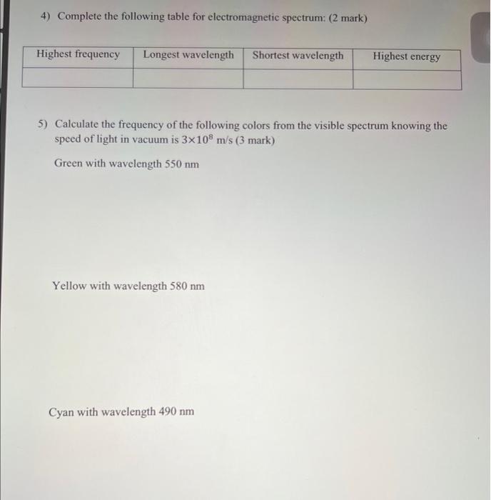 Solved 4) Complete the following table for electromagnetic | Chegg.com