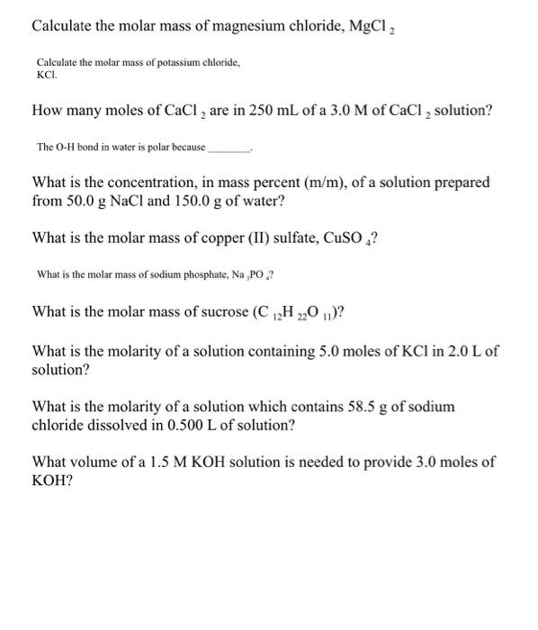 Solved Calculate The Molar Mass Of Magnesium Chloride MgCl2 Chegg