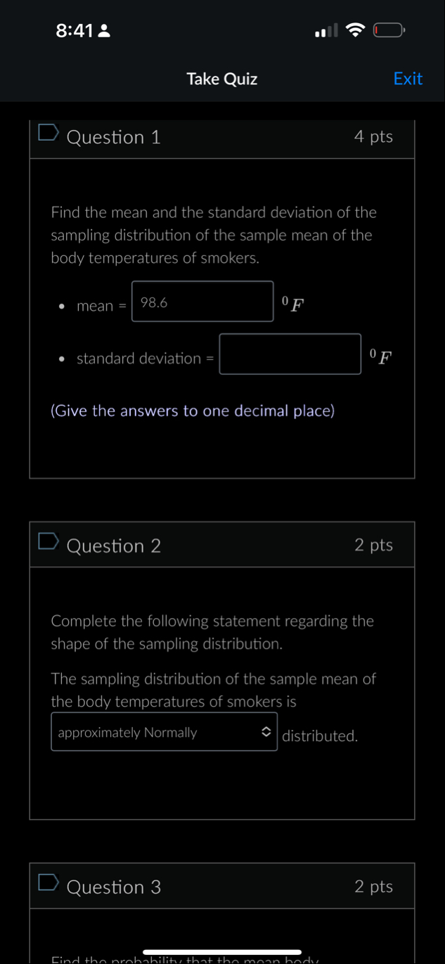 8:41 8Take QuizExitQuestion 14 ﻿ptsFind the mean and | Chegg.com