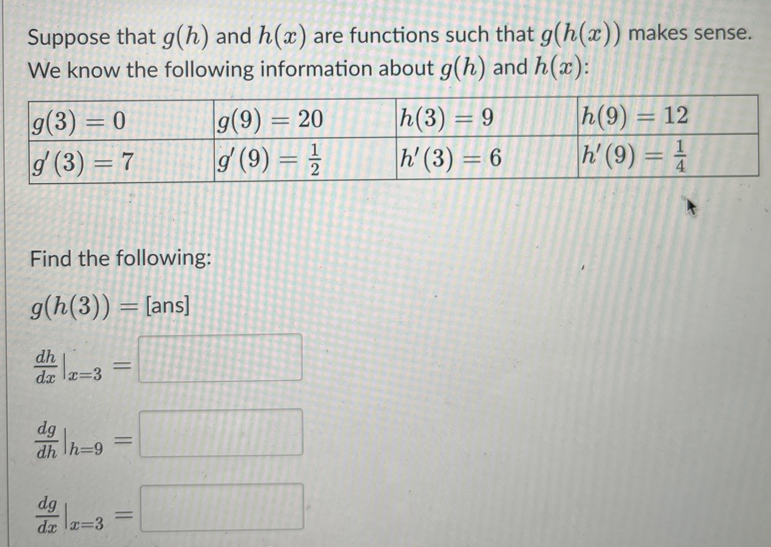 Solved Suppose that g(h) ﻿and h(x) ﻿are functions such that | Chegg.com