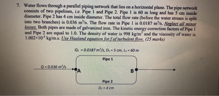 Solved 7. Water flows through a parallel piping network that | Chegg.com