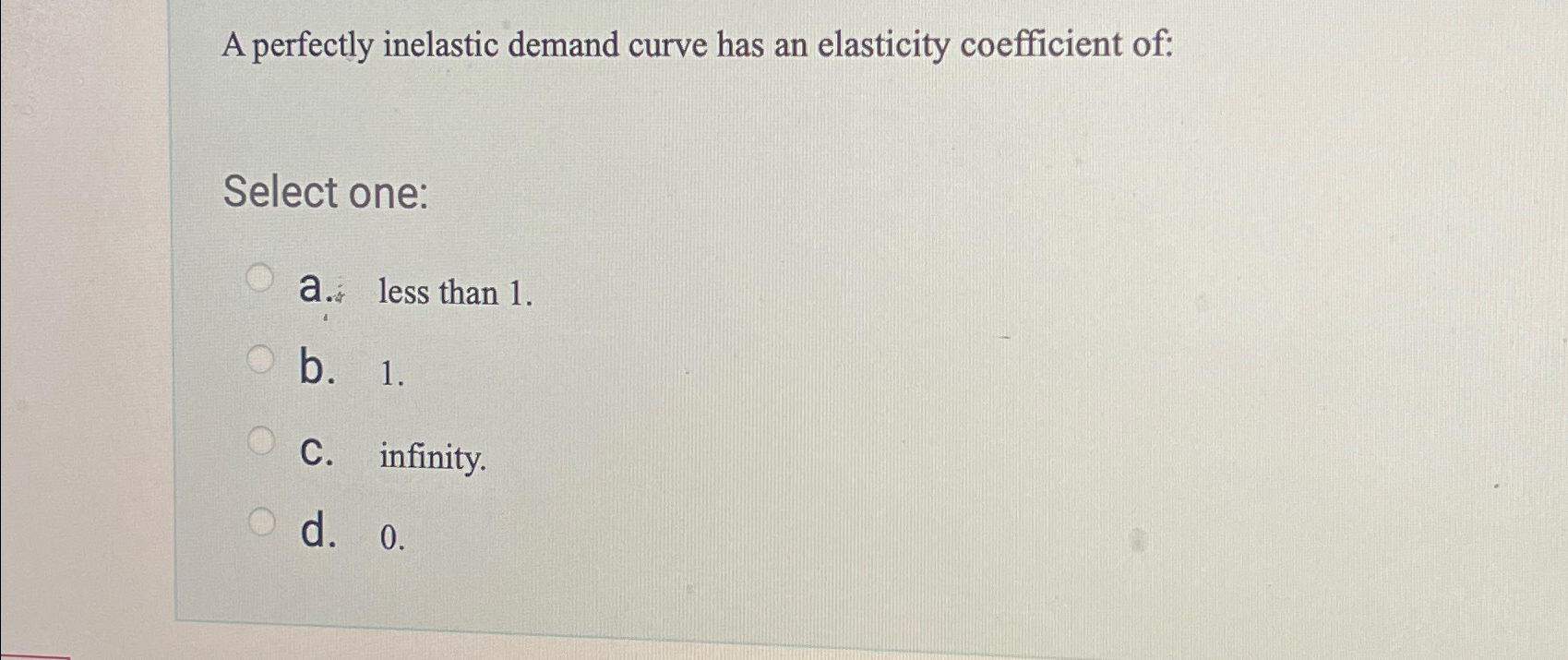Solved A perfectly inelastic demand curve has an elasticity | Chegg.com