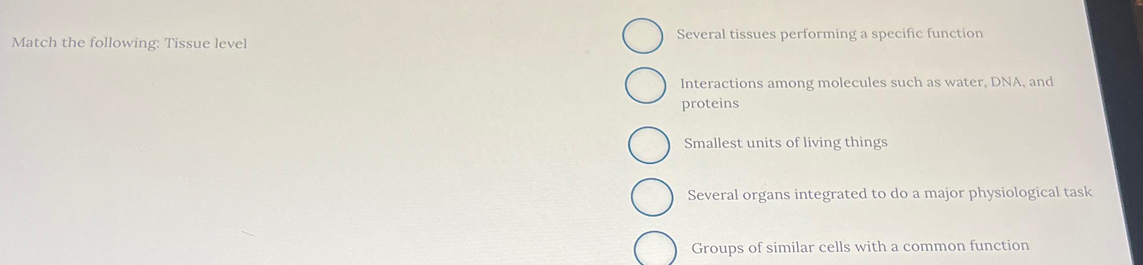 Solved Match the following: Tissue levelSeveral tissues | Chegg.com