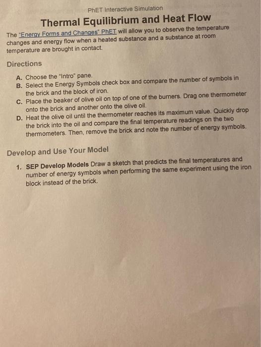 PhET Interactive Simulation Thermal Equilibrium and | Chegg.com
