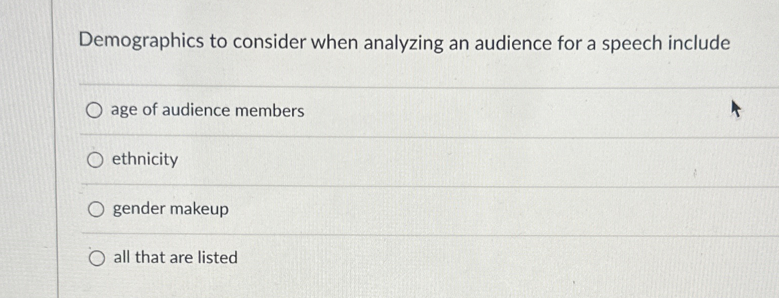 Solved Demographics to consider when analyzing an audience | Chegg.com