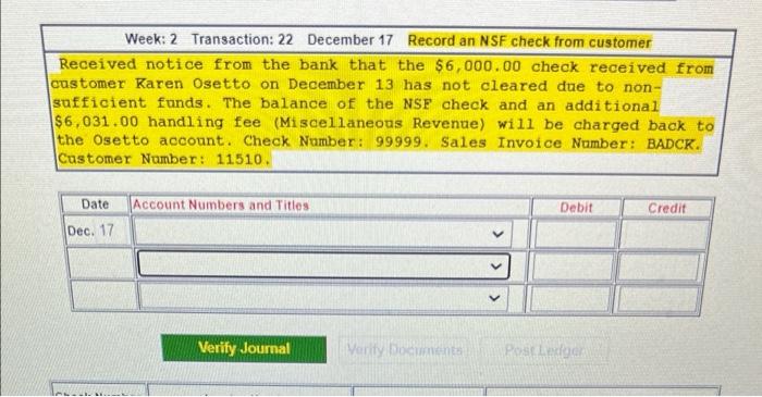 Solved Week: 2 Transaction: 22 December 17 Record an NSF | Chegg.com