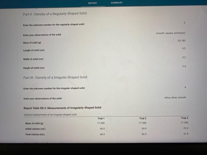 Solved Report Table DD.1: Measurements of Unknown Liquid | Chegg.com