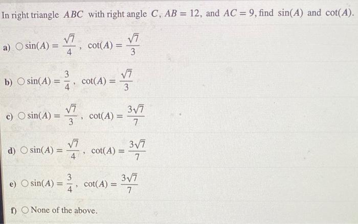 Solved In right triangle ABC with right angle C,AB=12, and | Chegg.com