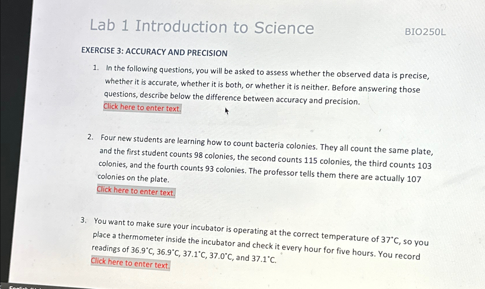Solved Lab 1 ﻿Introduction to ScienceBIO250LEXERCISE 3: | Chegg.com