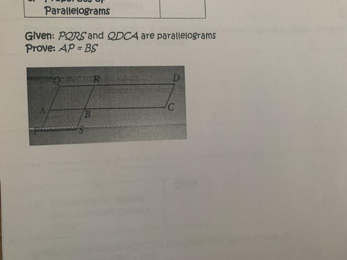 Solved Parallelograms Given: PQRS and QDCA are | Chegg.com