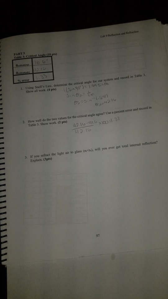 Solved Lab 9 Reflection and Refraction Table 4: Dispersion | Chegg.com