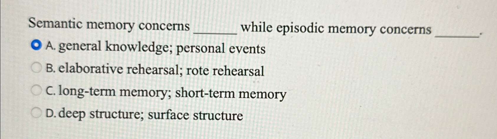 Solved Semantic memory concernswhile episodic memory | Chegg.com