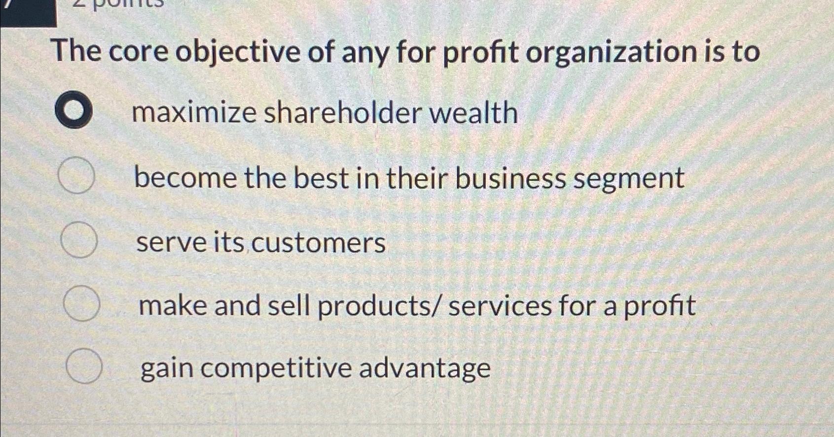 Solved The core objective of any for profit organization is | Chegg.com