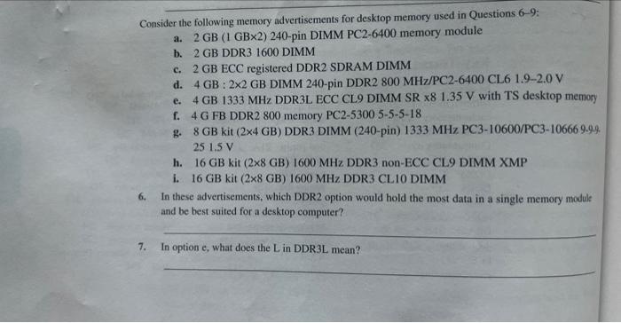 Consider the following memory advertisements for | Chegg.com