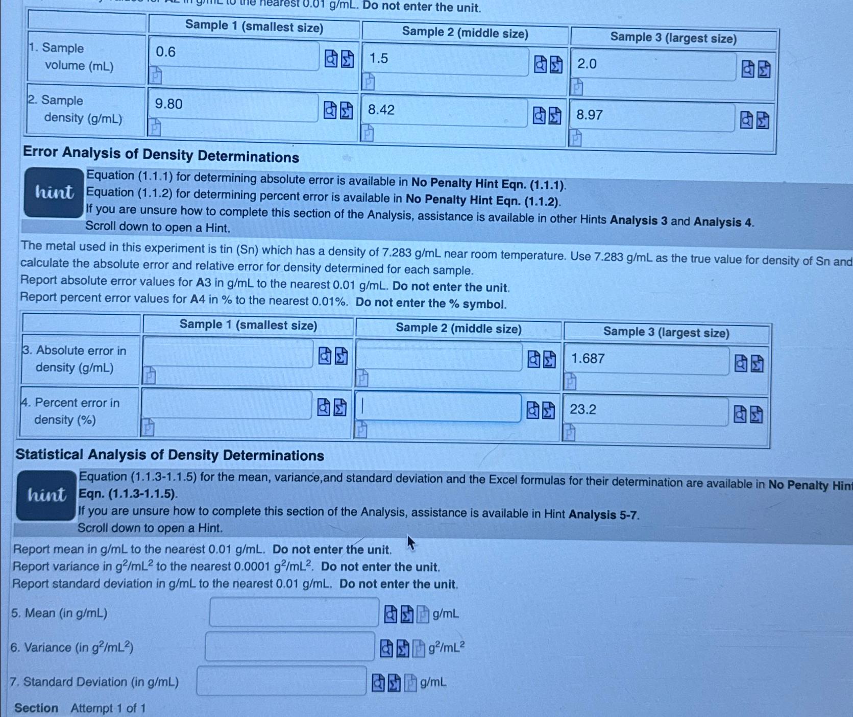 Solved Error Analysis of Density DeterminationshintEquation | Chegg.com