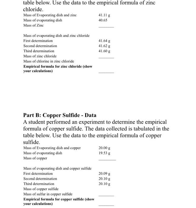 Solved table below. Use the data to the empirical formula of | Chegg.com