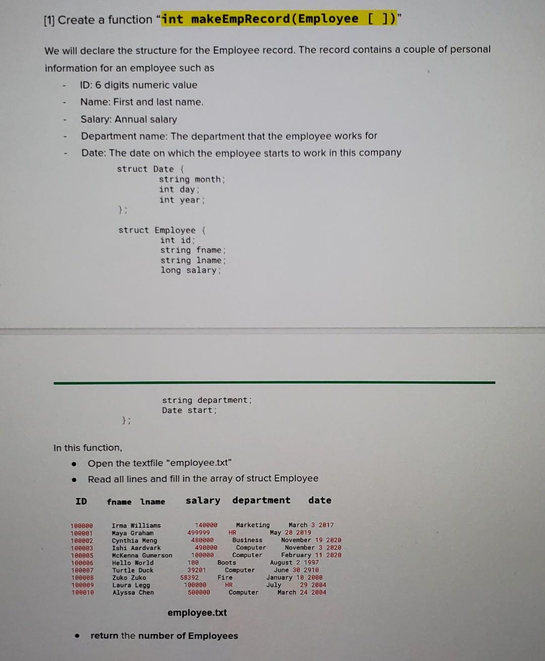 Solved [1] Create a function "int makeEmpRecord(Employee [ | Chegg.com