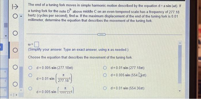 Solved The end of a tuning fork moves in simple harmonic | Chegg.com