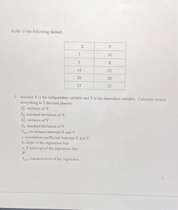 Solved Refer to the following dataset: 1. Assume X is the | Chegg.com