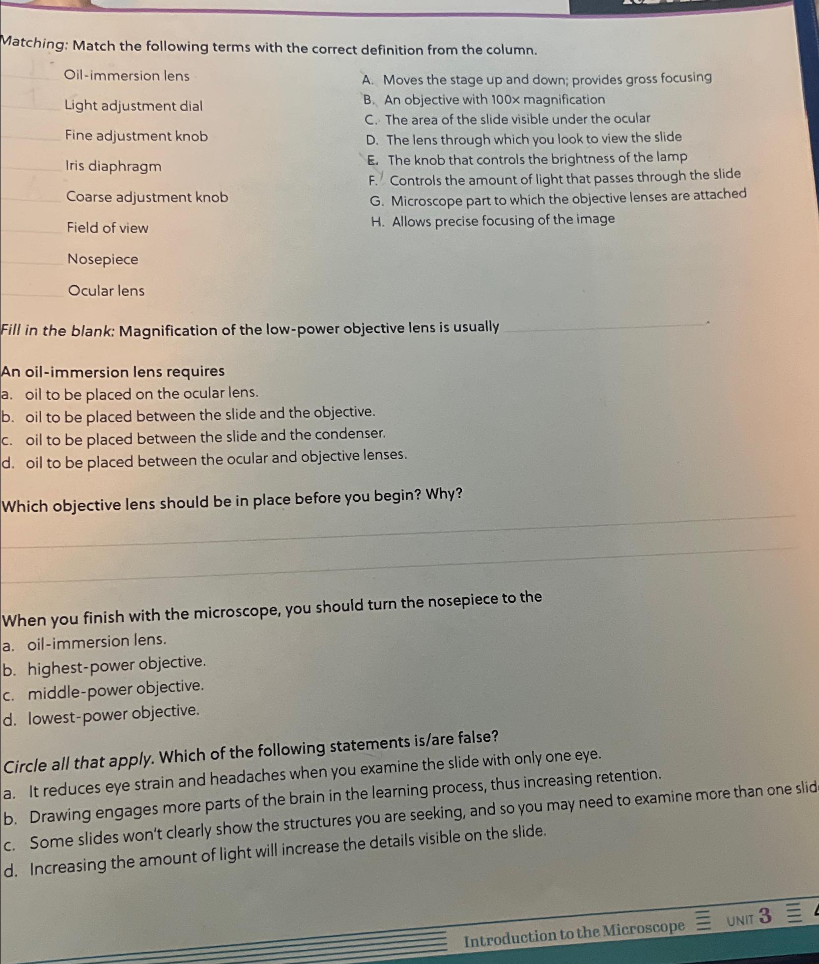 Solved Matching: Match the following terms with the correct | Chegg.com