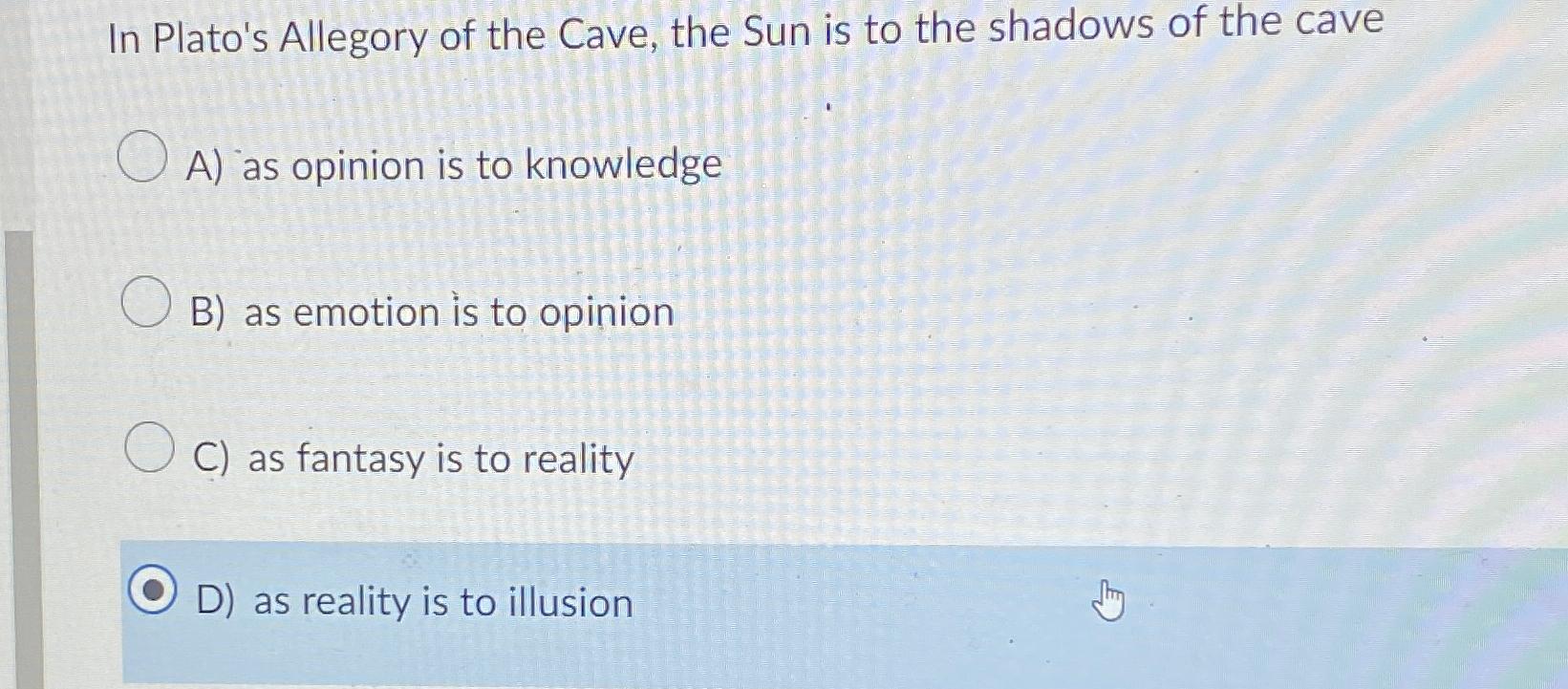 Solved In Plato's Allegory of the Cave, the Sun is to the | Chegg.com