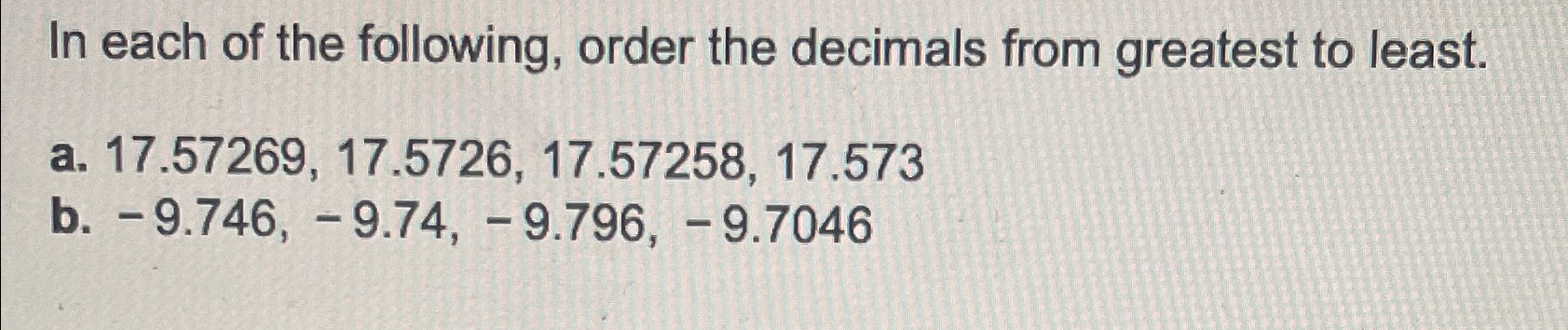 Solved In each of the following, order the decimals from | Chegg.com