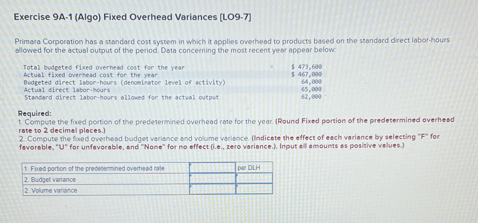 Solved Exercise 9A-1 (Algo) ﻿Fixed Overhead Variances | Chegg.com