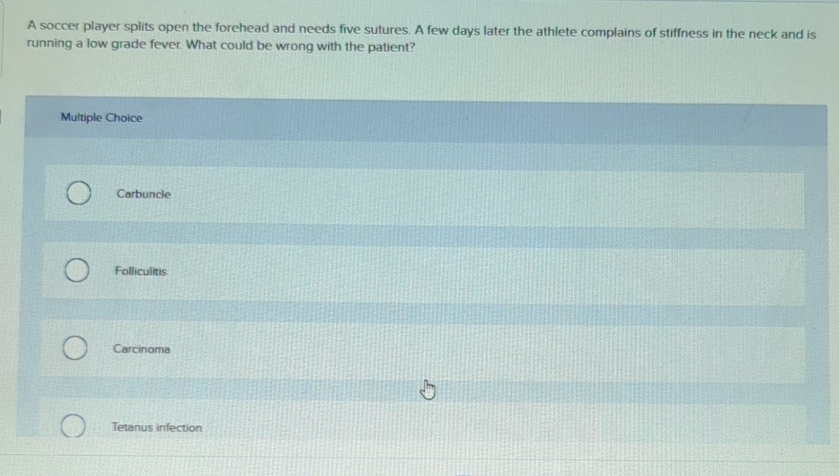 Solved A soccer player splits open the forehead and needs | Chegg.com