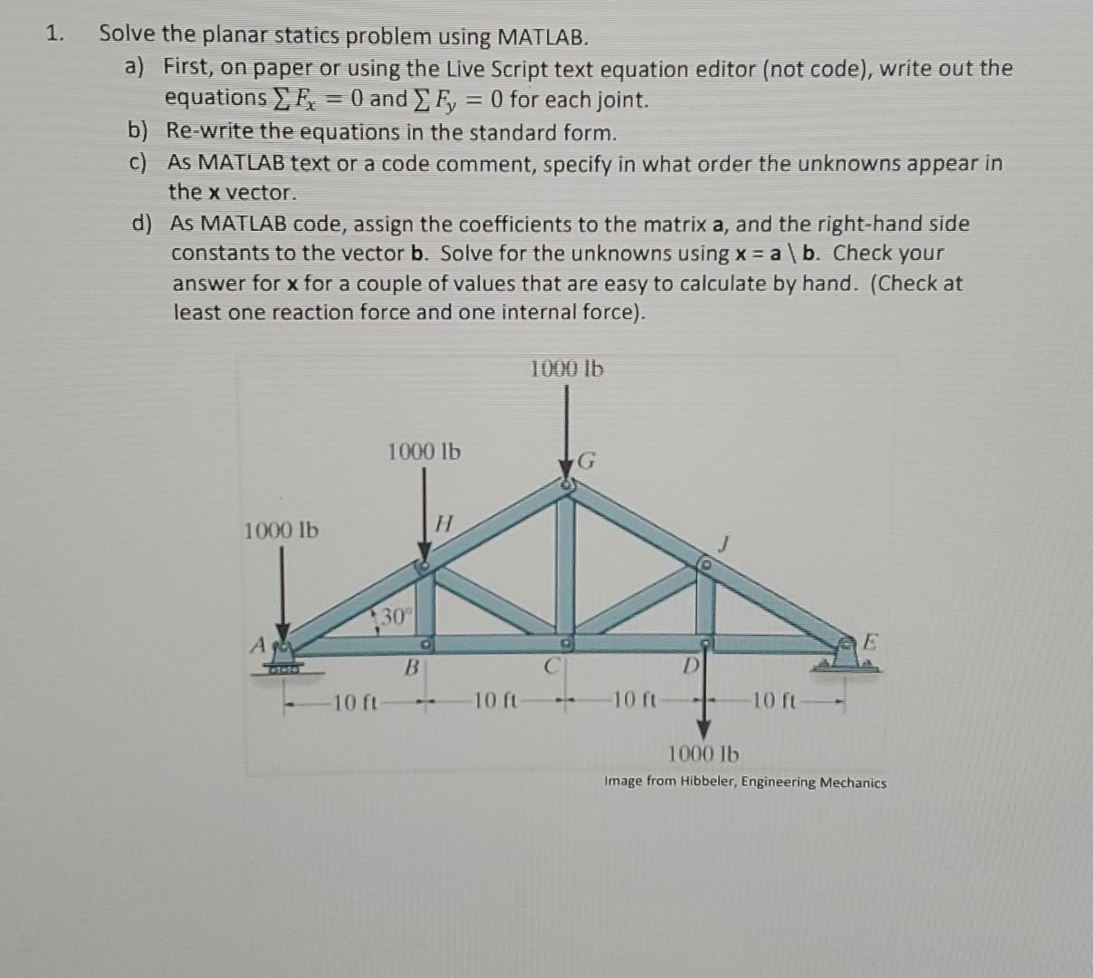 Solved 1. = Solve the planar statics problem using MATLAB. | Chegg.com