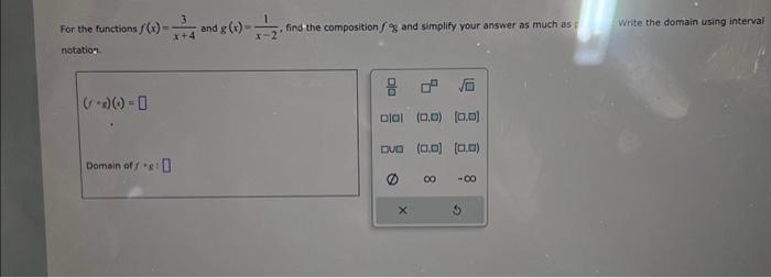 Solved For the functions f(x)= notation. (fog)(x) = Domain | Chegg.com