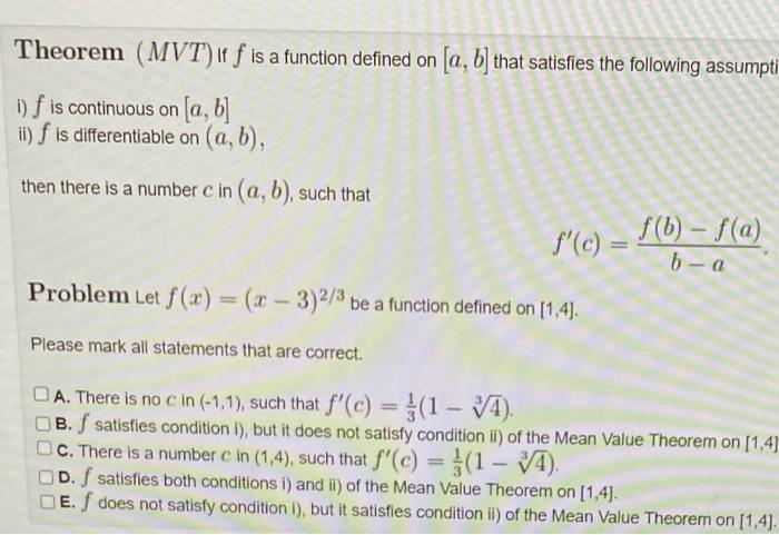 Solved Theorem (MVT) if f is a function defined on [a,b] | Chegg.com