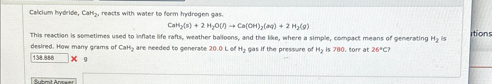 Solved Calcium hydride, CaH2, ﻿reacts with water to form | Chegg.com