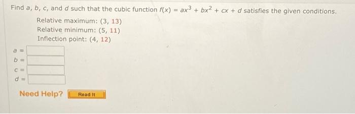Solved Find a, b, c, and d such that the cubic function f(x) | Chegg.com