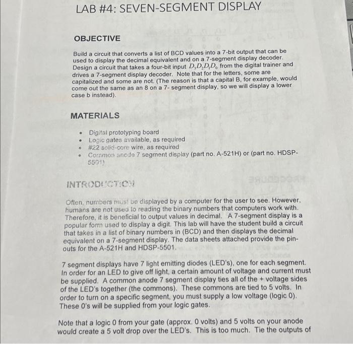 LAB \#4: SEVEN-SEGMENT DISPLAY OBJECTIVE Build a | Chegg.com