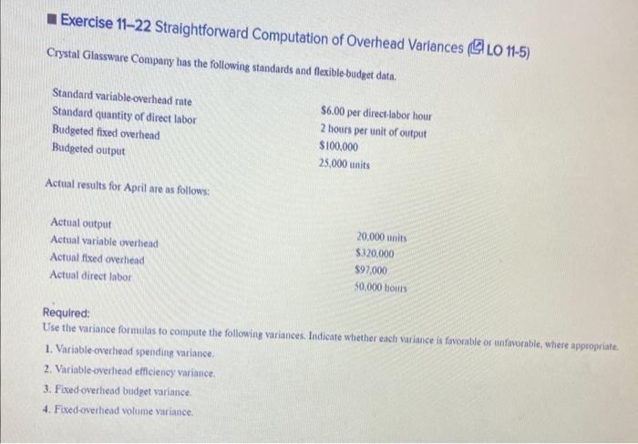 Solved Exercise 11-22 Straightforward Computation of | Chegg.com