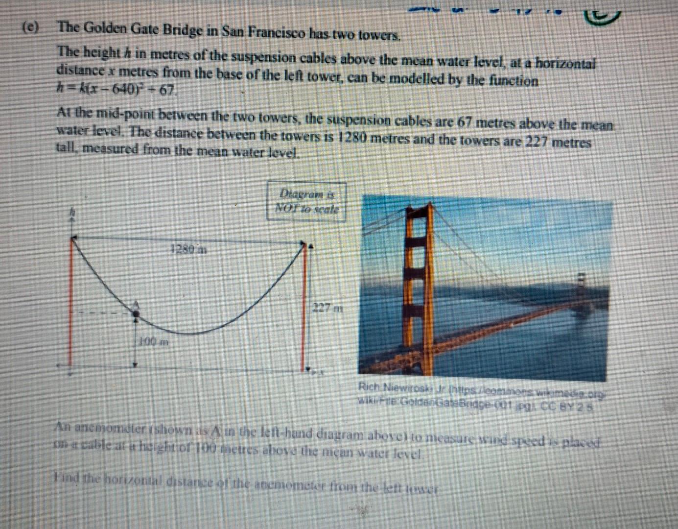 Solved (e) The Golden Gate Bridge in San Francisco has two | Chegg.com