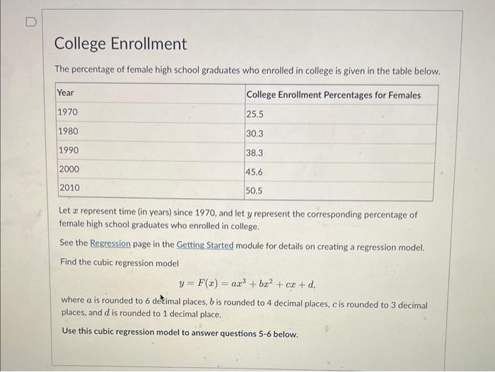 Solved College Enrollment The percentage of female high | Chegg.com