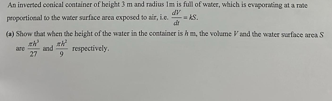 Solved An inverted conical container of height 3m ﻿and | Chegg.com