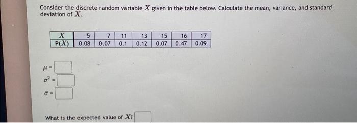 Solved Consider the discrete random variable X given in the | Chegg.com