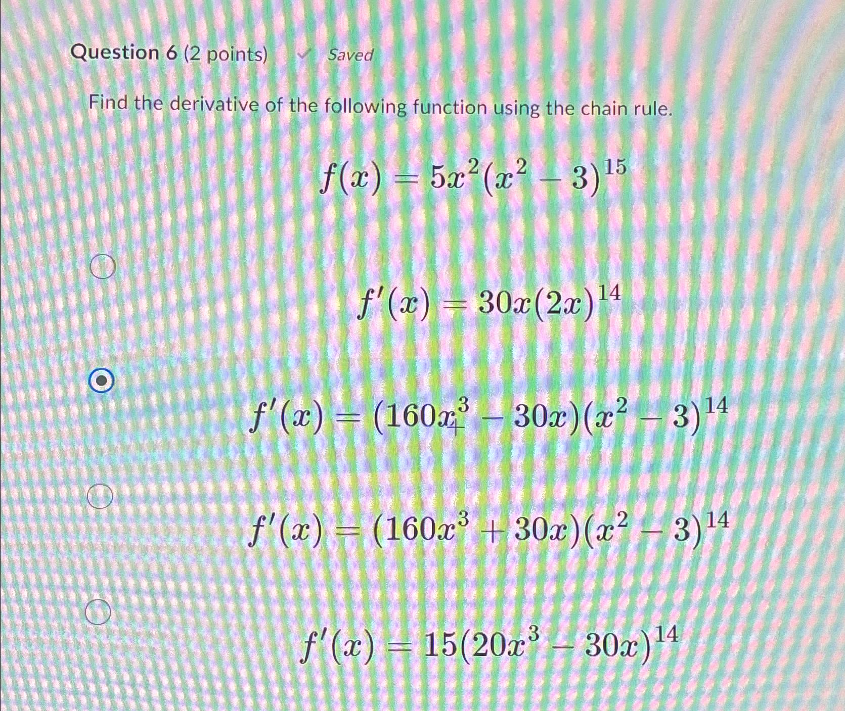 Solved Question 6 (2 ﻿points)SavedFind the derivative of the | Chegg.com