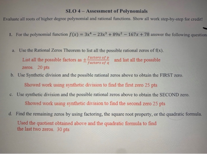 Solved SLO 4- Assessment of Polynomials Evaluate all roots | Chegg.com