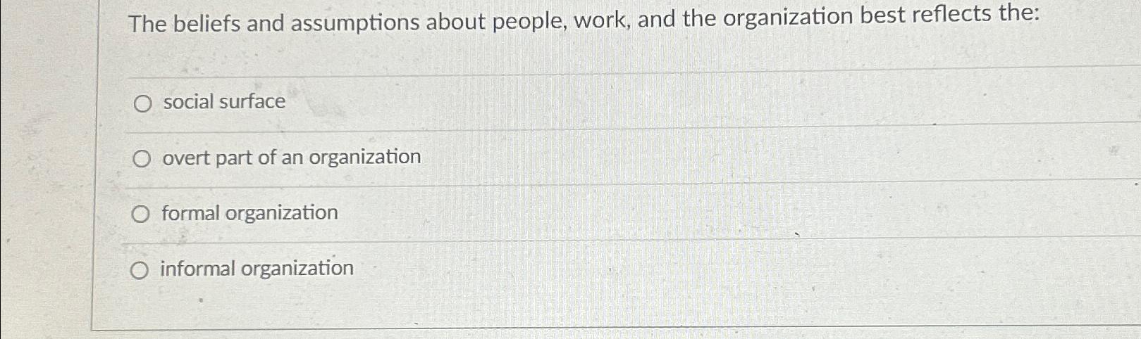 Solved The beliefs and assumptions about people, work, and | Chegg.com