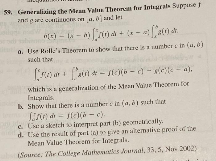 Solved 59. Generalizing the Mean Value Theorem for Integrals | Chegg.com