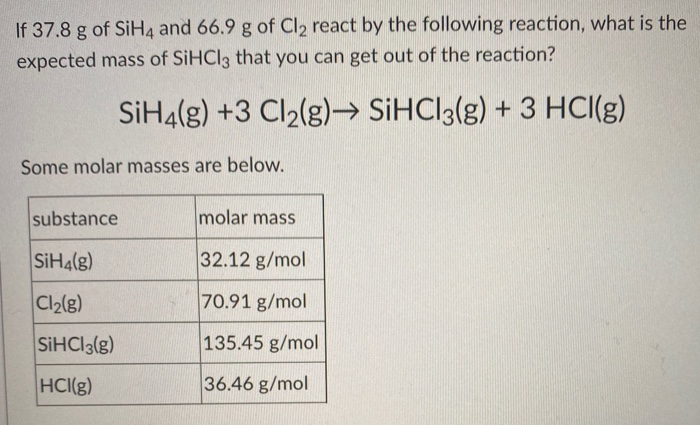 Solved If 37.8 g of SiH4 and 66.9 g of Cl2 react by the | Chegg.com