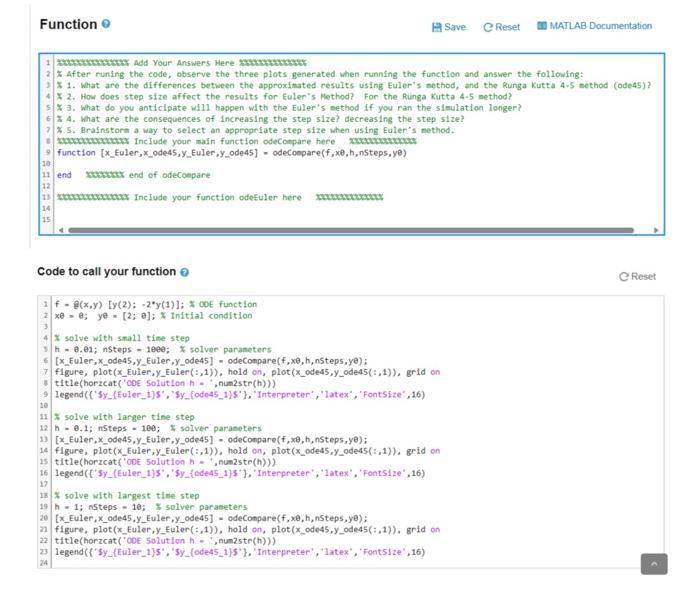 Solved Compare Euler's method to ode 45 Using the function | Chegg.com
