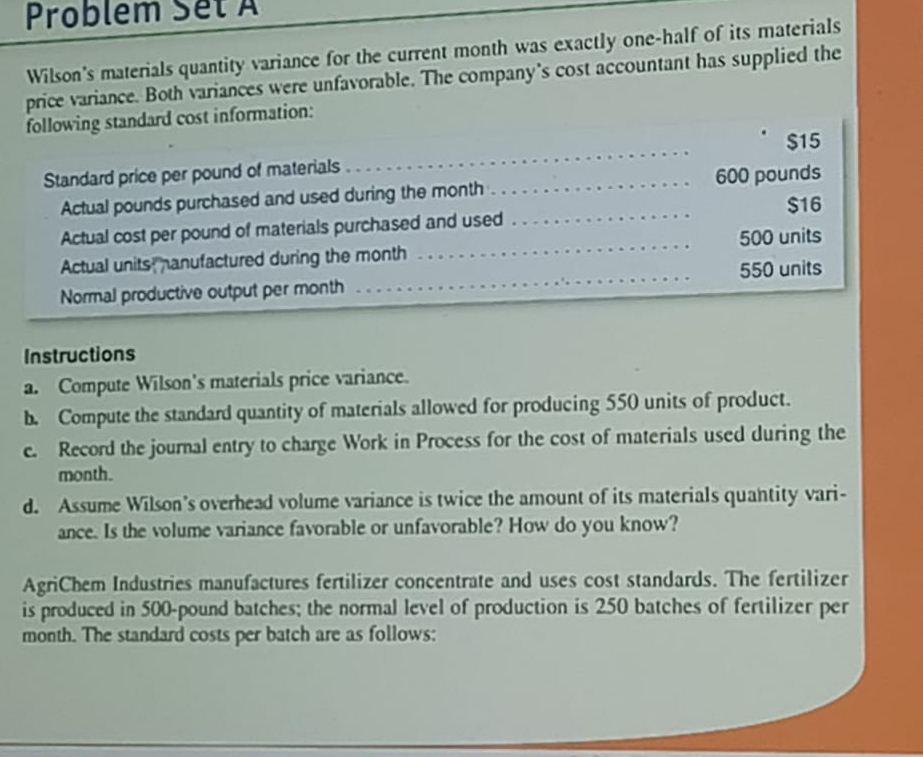 Solved Problem set AWilson's materials quantity variance for | Chegg.com