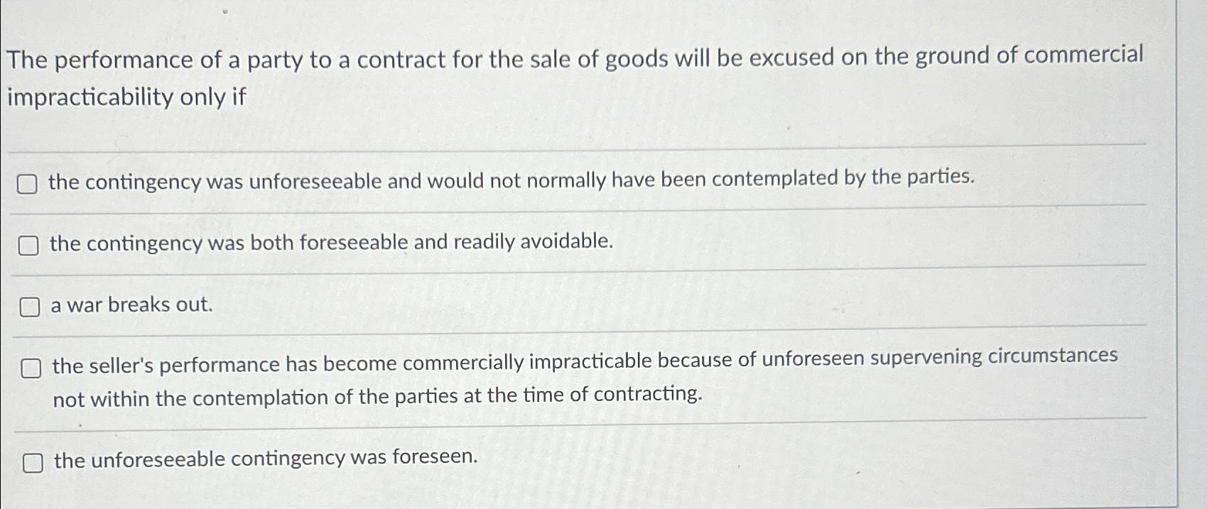 Solved The performance of a party to a contract for the sale | Chegg.com