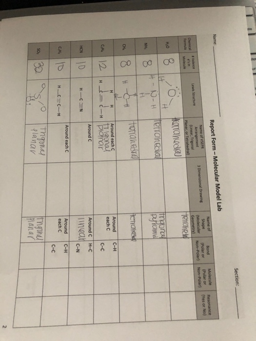 Solved Section Name Report Form Molecular Model Lab Name