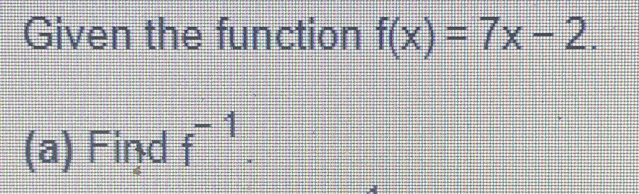Solved Given the function f(x)=7x-2Find f-1 | Chegg.com
